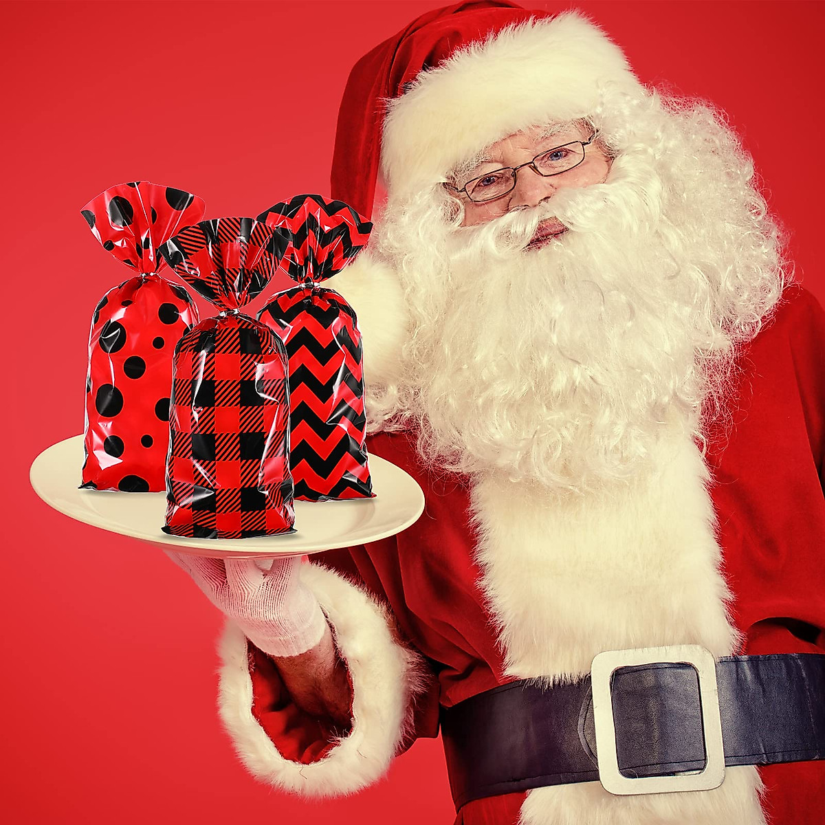 120 Pieces Christmas Cello Candy Bags Buffalo Polka Dot Stripes Prints Plastic Goodie Treat Favor Bags with 200 Twist Ties for Winter Holiday Birthday Baby Shower Party Supplies (Red, Black)