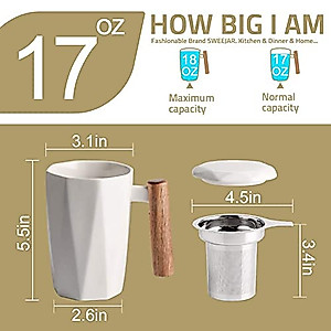 SWEEJAR Porcelain Tea Mug with Infuser and Lid, Wooden Handle, 17 Ounce, Geometric Shape Tea Cup for Steeping, Tea Lover, Gift, Home, Office (Purple)