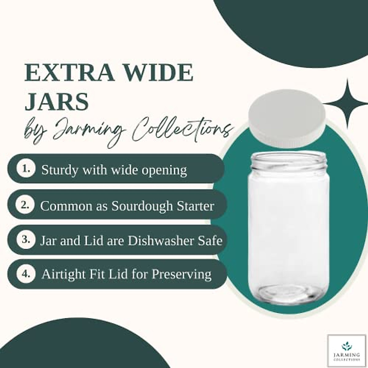 Jarming Collections Glass Extra Wide Mouth Quart Storage Jars 32 oz with Lids - BPA Free Plastic Storage Lids - Made in USA - Quart Glass Jars 32 oz with Lids (Set of 2)
