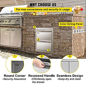 VBENLEM 14W x 14.5H x 23D Inch Flush Mount Stainless Steel Double Drawers with Recessed Handles for Outdoor Kitchens or BBQ Island