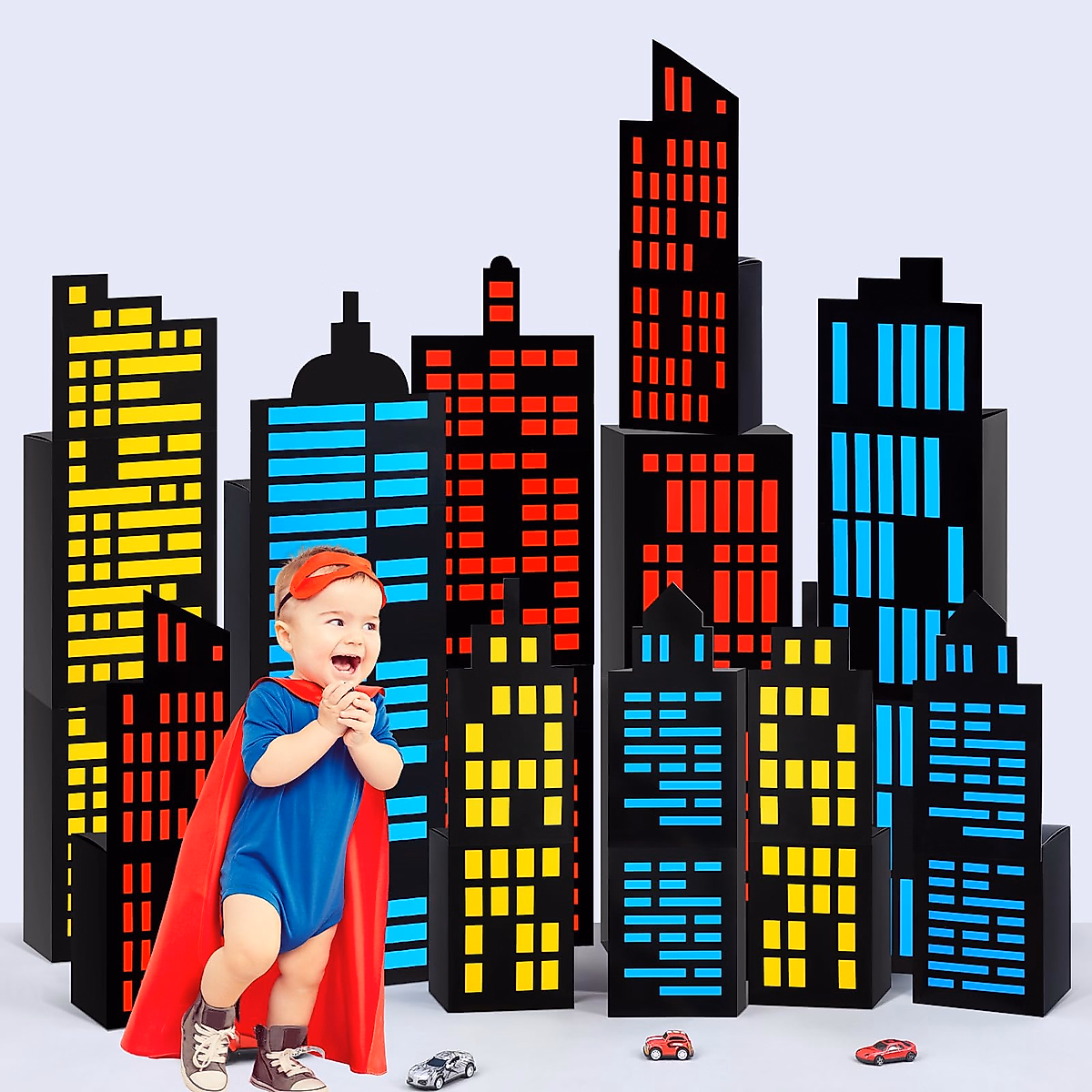 Dunzoom 16 Pcs Large Hero Party Favor Boxes with 10 Pcs Cards Skyscraper City Gift Box Different Sizes 3D City DIY Skyline Buildings Heroes Centerpiece for Hero Theme Birthday Party Decor Supplies
