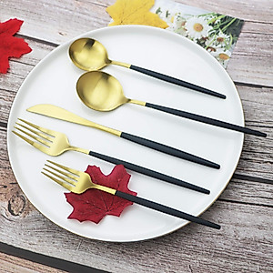 Gold Silverware Set JASHII 40 Pieces Matte Flatware Set 304 Stainless Steel Flat Cutlery Set for 8 Black Handle Forks Knife Spoons Set, Satin Finish Tableware Set for Home Restaurant Dishwasher Safe