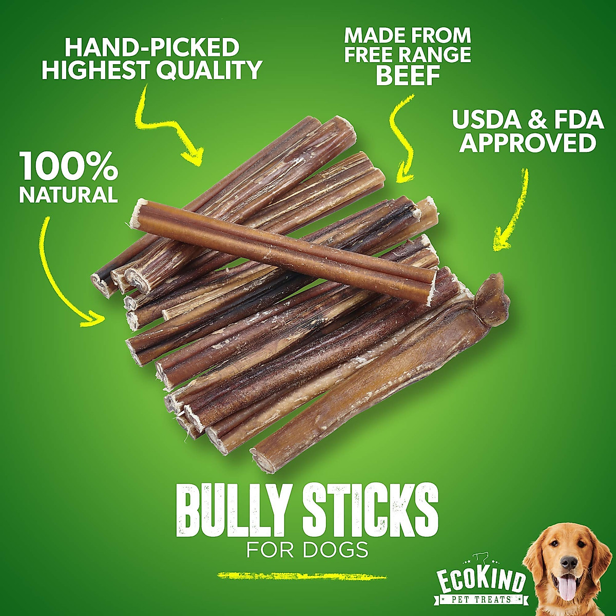 EcoKind Pet Treats All-Natural Premium 6 Inch Bully Sticks for Dogs | 16 Oz. Bag | Delicious Protein Rich Dog Chews