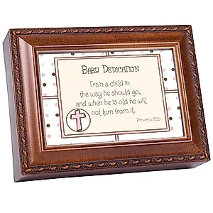 Cottage Garden Baby Dedication Train Up a Child Woodgrain Rope Trim Jewelry Music Box Plays Jesus Loves Me