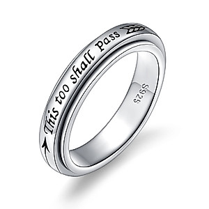 This Too Shall Pass Spinner Ring Men Women Fidget Rings for Anxiety Stress Relieving ADHD Autism Rings Sterling Silver Inspirational Band Ring Size 8