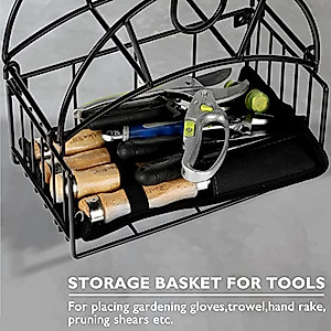 Lagute Garden Hose Holder with Tools Storage Basket Rack, Wall Mount Heavy Duty Water Hose Holder, Metal Hose Hanger Organizer Bracket for Outside Yard, Holds up to 100 ft. of Garden Hose, Brown