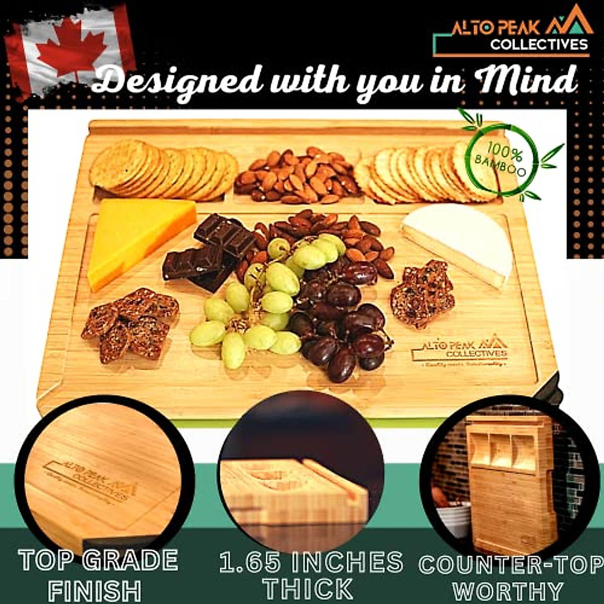 ALTO-PEAK COLLECTIVES–100%Extra-Large Bamboo Wood Prep Cutting Board for Kitchen-4 Plastic Flexi Mats–Beautiful Wooden Charcuterie boards w/handles & 3 deep-compartments-Chopping Board-cell/iPad stand