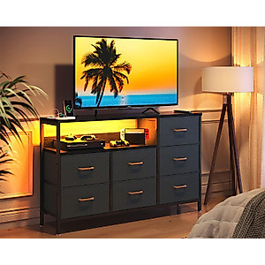 AODK Dresser with LED Lights and Charging Station, 52-Inch Long Dresser for Bedoom with 7 Large Storage Drawers, Fabric Dresser TV Stand with Open Shelves, Dark Grey