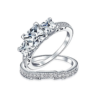 Bling Jewelry Art Deco Style 3CT Square Princess Cut 3 Stone Past Present Future Promise CZ Engagement Wedding Ring Sterling Silver