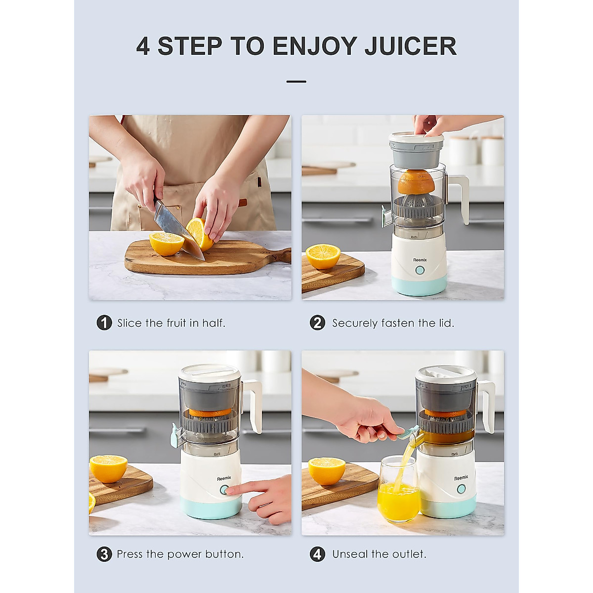 Electric Citrus Juicer, Reemix Full-Automatic Orange Juicer Squeezer for Orange, Lemon, Grapefruit, Citrus Juicer with Cleaning Brush, Easy to Clean and Use (White)