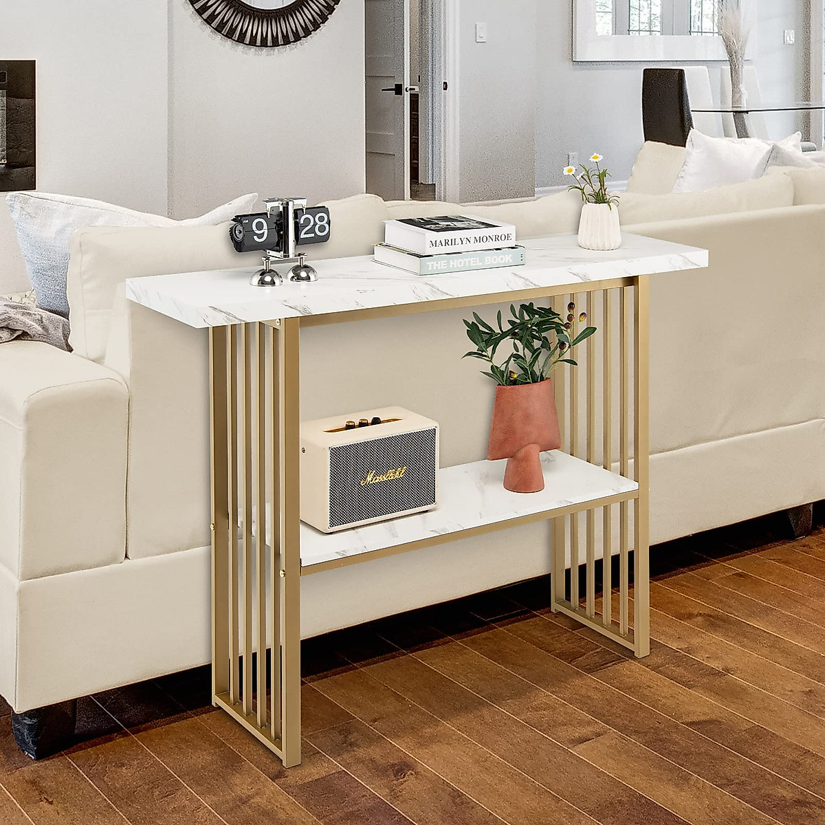 Tangkula 48” Console Table, White Faux Marble Entryway Table with Gold Finished Frame, Modern Deluxe Sofa Table with 2 Tier Storage, Ideal for Living Room, Hallway, Dining Room