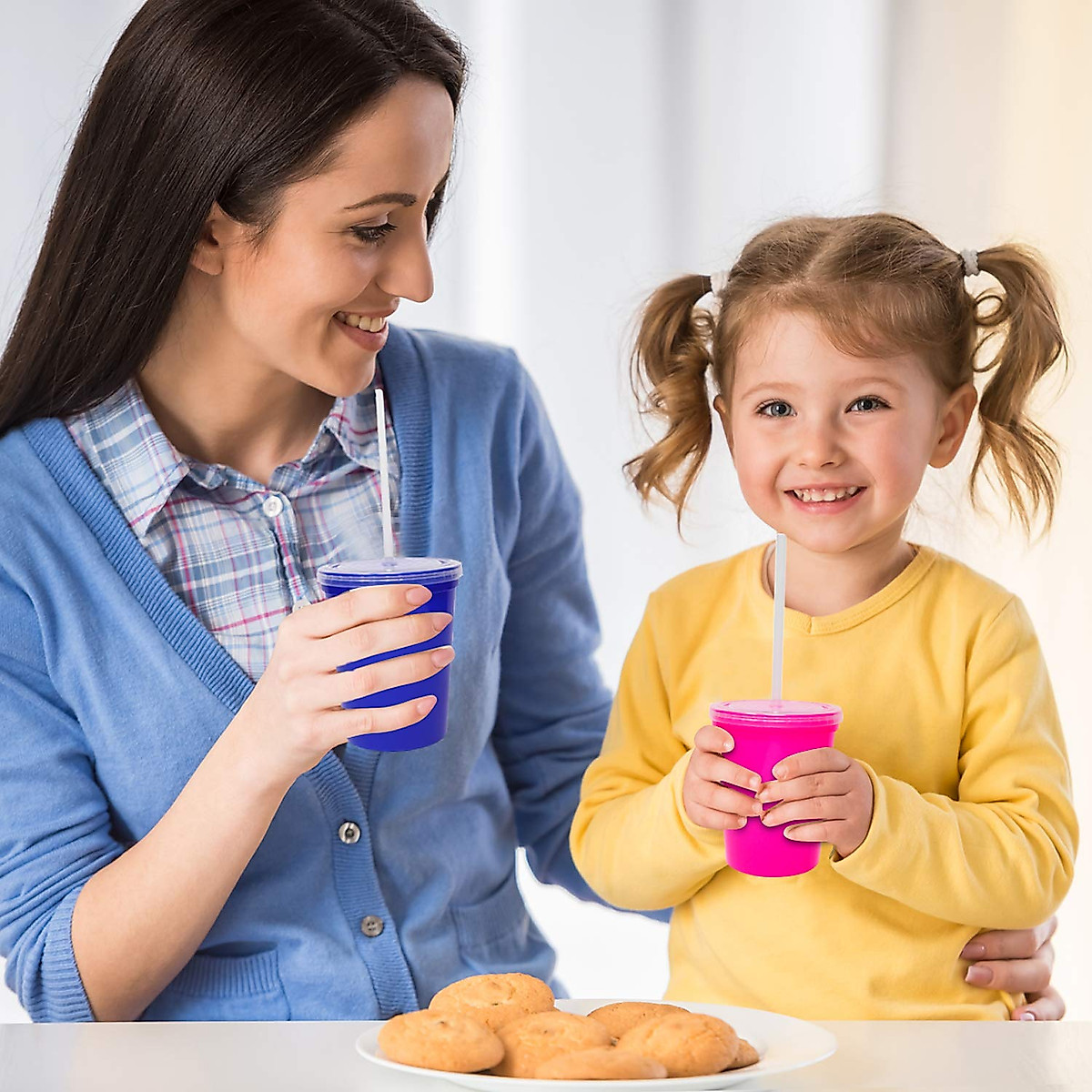 Rolling Sands 16 Oz. Reusable Plastic Stadium Cups with Lids, 6 Pack, USA Made Tumblers and Lids, Includes 6 Reusable Straws; Dishwasher Safe, Translucent Neon Pink