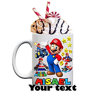 Personalize your Mario Bros chocolate or coffee ceramic mug, Mario gift mugs, gamer mug, put your name or text for front and back, use with left or right hand.Tazas personalizadas.
