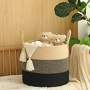 KAKAMAY Large Blanket Basket,Woven Baby Laundry Hamper for Storage, Cotton Rope Blankets Baskets for Nursery, Laundry, Living Room, Pillows, Baby Toy Chest with Handles (Black)