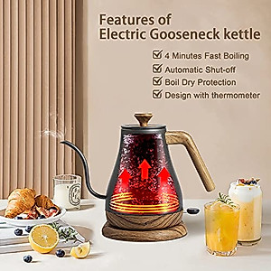 Fooikos Gooseneck Electric Kettle with Thermometer - 1.0L 304 Stainless Steel Water Kettle for Coffee and Tea Brewing -800W Fast Heating in 4 Minutes(Grey)