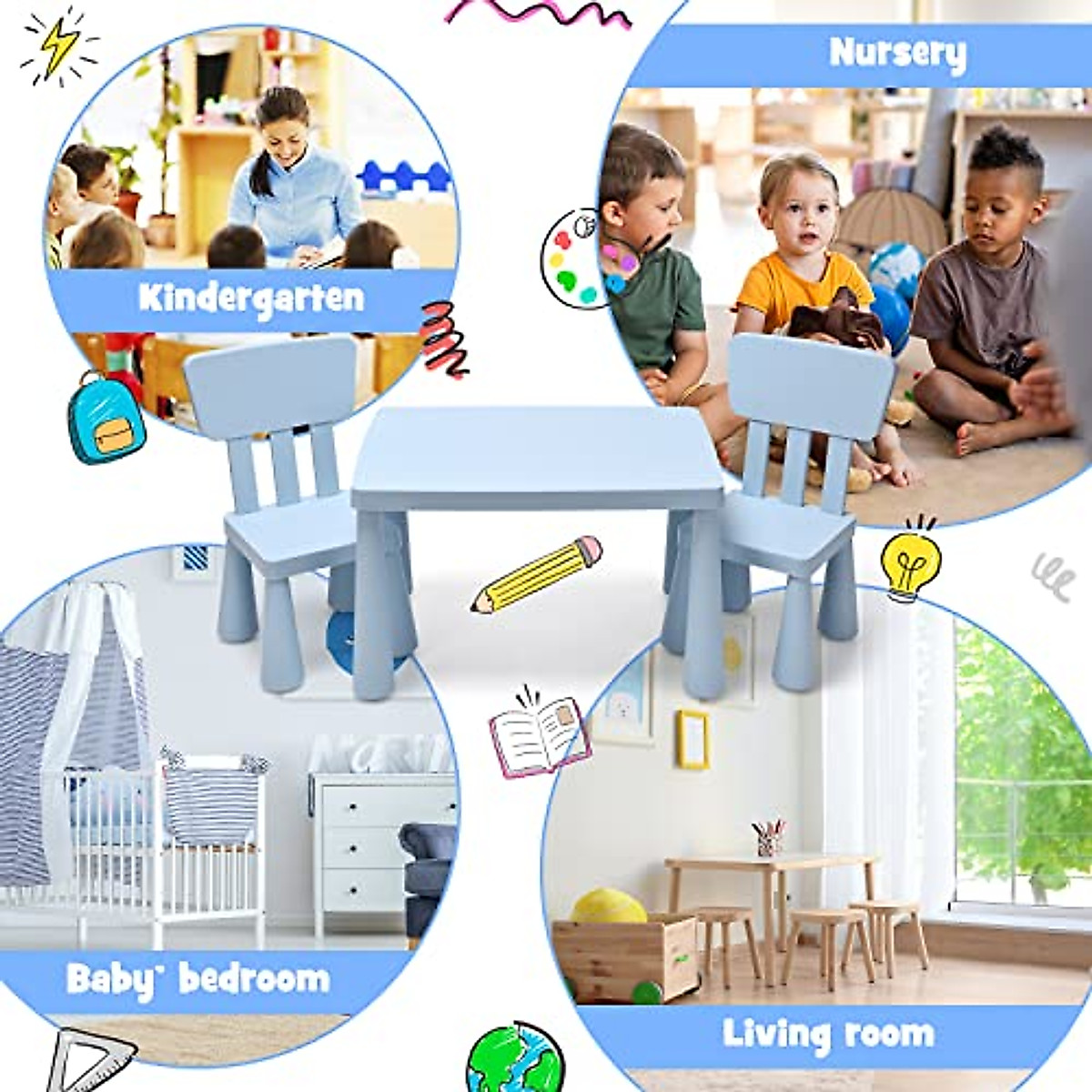 HONEY JOY Kids Table and Chair Set, Plastic Children Activity Table and 2 Chairs for Art Craft, Easy-Clean Tabletop, 3-Piece Toddler Furniture Set for Daycare Playroom, Gift for Boys Girls(Blue)