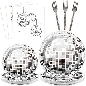 96 Pieces Disco Plates and Napkins Disco Ball Plates Disco Birthday Party Paper Plates 70s Tableware Set Birthday Party Supplies Silver Napkins Hip Hop Baby Shower Party Decorations for 24 Guests