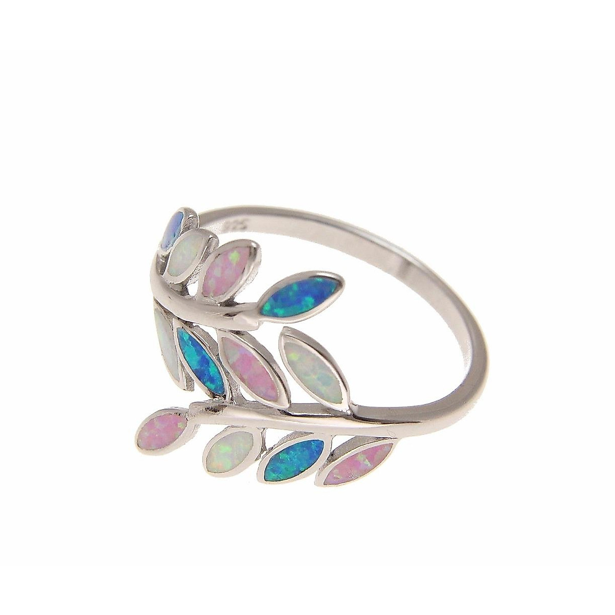 Arthur's Jewelry Blue white pink tricolor inlay synthetic opal ring Hawaiian maile leaf 925 sterling silver size 10