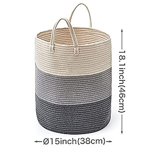 EZOWare Large Cotton Rope Storage Basket, Soft Woven Laundry Hamper with Handles for Bathroom Nursery Closet - Gradient Gray, 15 x 18 inch