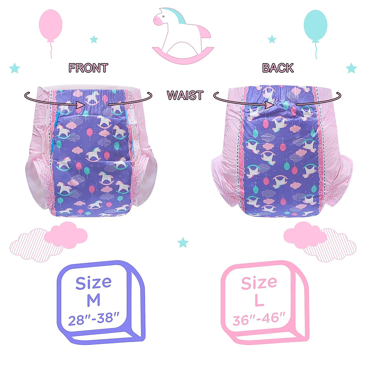 Littleforbig Adult Printed Diaper 80 Pieces (8 Packs) - Little Fantasy (Medium 28"-38")