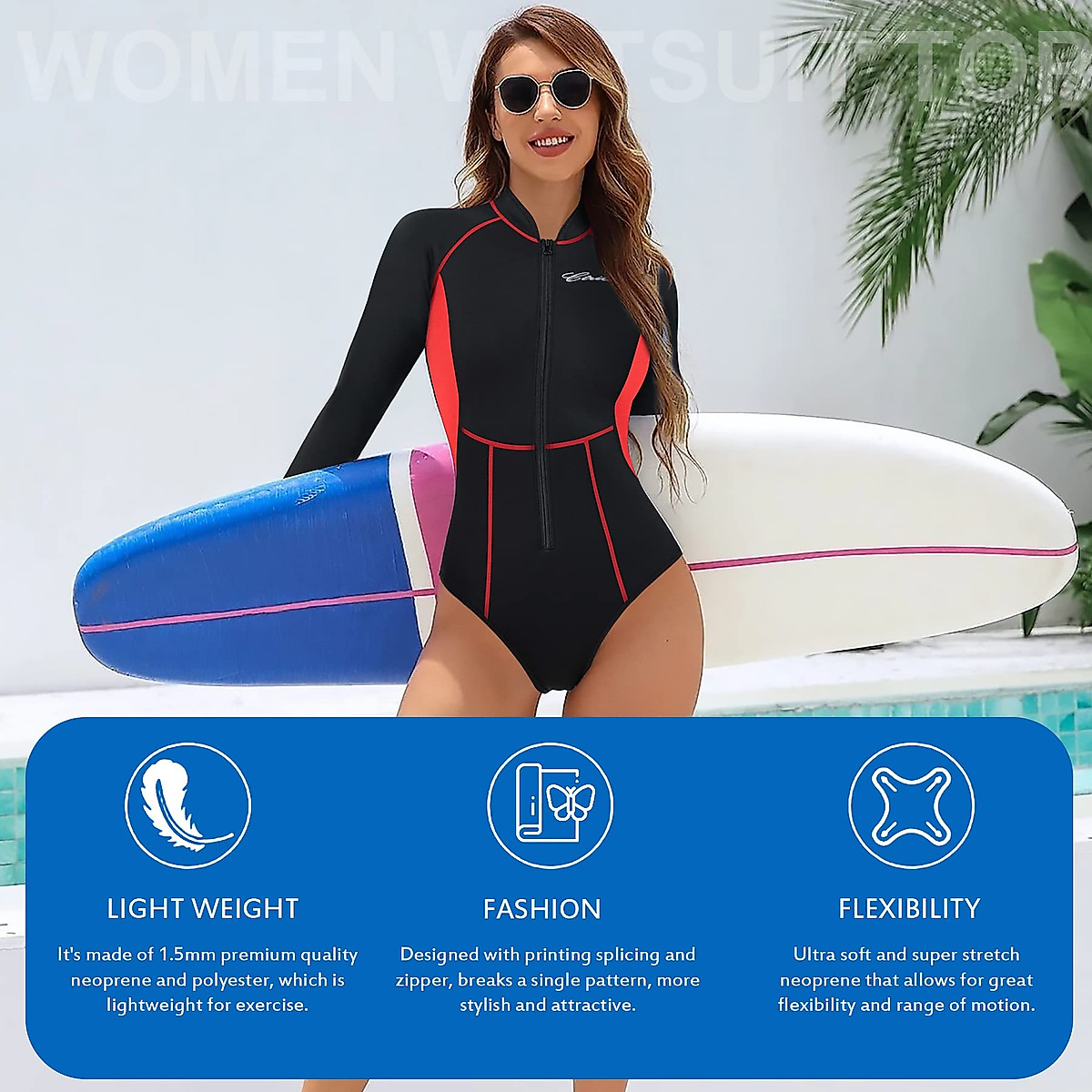 CtriLady Women Neoprene Wetsuit, Shorty Wetsuit for Women, 1.5mm Long Sleeve Diving Suits with Front Zipper UV Protection for Swimming Diving Snorkeling (Red,S)