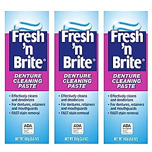 Fresh 'n Brite Denture Cleaning Paste For Dentures, Removable Partial Dentures, Retainers, Mouthguards, Nightguards, Fast Stain Removal, pack of 3, 3.8 oz Tubes