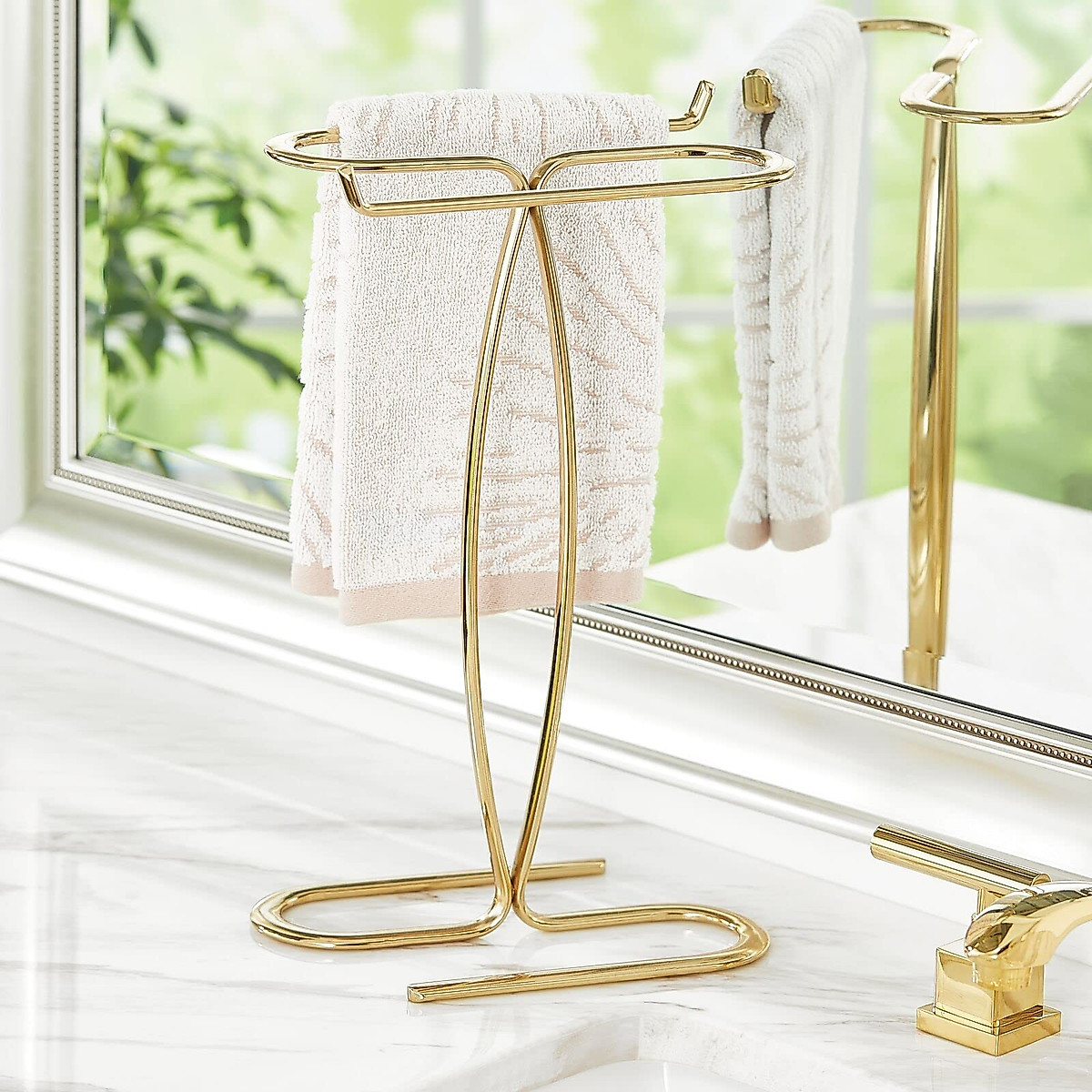 mDesign Decorative Modern Metal Fingertip, Hand Towel Holder Stand - for Bathroom Vanity Countertops to Display and Store Small Guest Towels - 2-Sided, 14" High - 2 Pack - Soft Brass