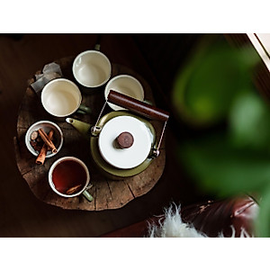 Barebones 2-Tone Enamel Teapot - Vintage Inspired Design - Baked Stainless Steel Rim - FSC Certified Natural Walnut Handle Tea Kettle - 1.5 Liters, 6 Cups (Olive Drab)