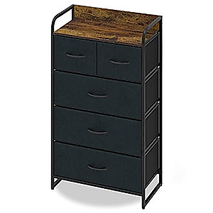 USJRAO Suede Fabric Dresser with 5 Drawers and Shelves Tall Chests of Drawers Sideboard Organizers Unit Storage Tower for Closet Bedroom Living Room Hallway Entryway Steel & Wood Black