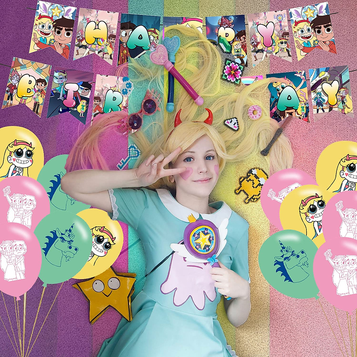 32Pcs Star vs. the Forces of Evil Birthday Party Decorations,Party Supply Set for Kids with 1 Happy Birthday Banner Garland , 13 Cupcake Toppers,18 Balloons for Party Supplies