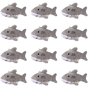 Chalyna 12 Pcs Shark Party Favors Mini Shark Stuffed Animal Shark Plush Toys Shark Keychain Tiny Ocean Animal Toys, 4.7 Inch(No Light,Gray)