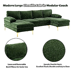 Olela U Shape Sectional Sofa,Modern Large Chenille Fabric Modular Couch,Extra Wide Sofa with Chaise Lounge and Golden Legs for Living Room (Green)