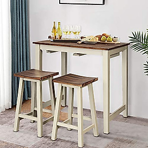 Giantex 3 Piece Pub Dining Set, Counter Height Pub Table with 2 Saddle Bar Stools, Tavern Collection Table Set for Living Room, Kitchen, Small Space (Brown & Milky White)
