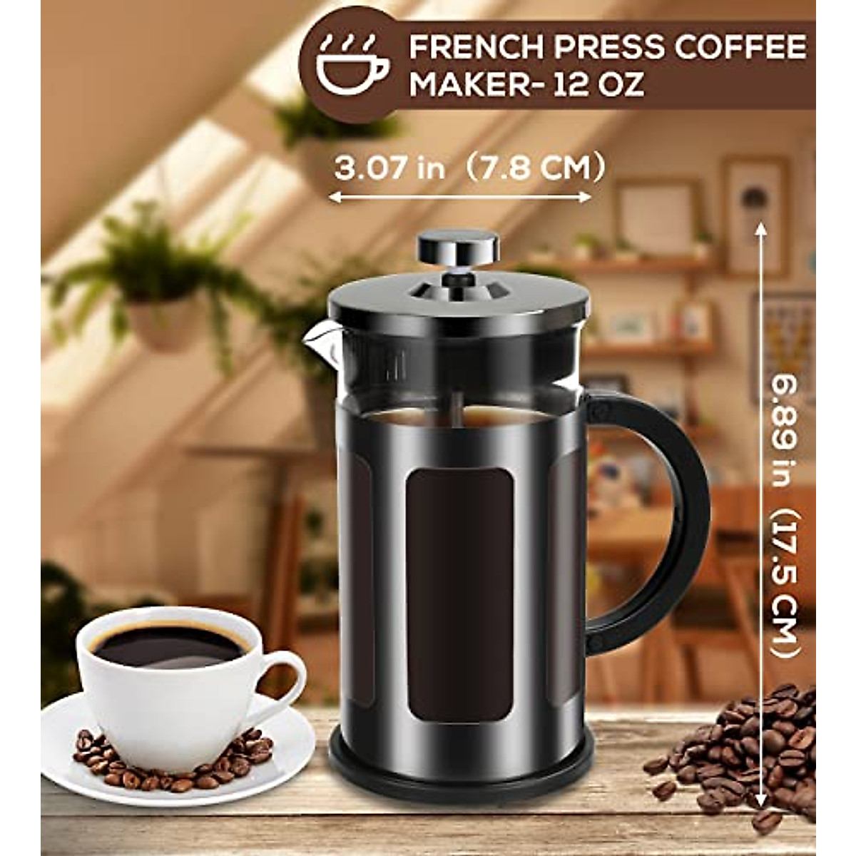 FAVIA French Press Coffee Maker 12 Ounce Stainless Steel with Borosilicate Glass Heat Resistant 4 Level Filtration System for Brew Coffee & Tea Dishwasher Safe 350ml (12oz, Stainless Black)