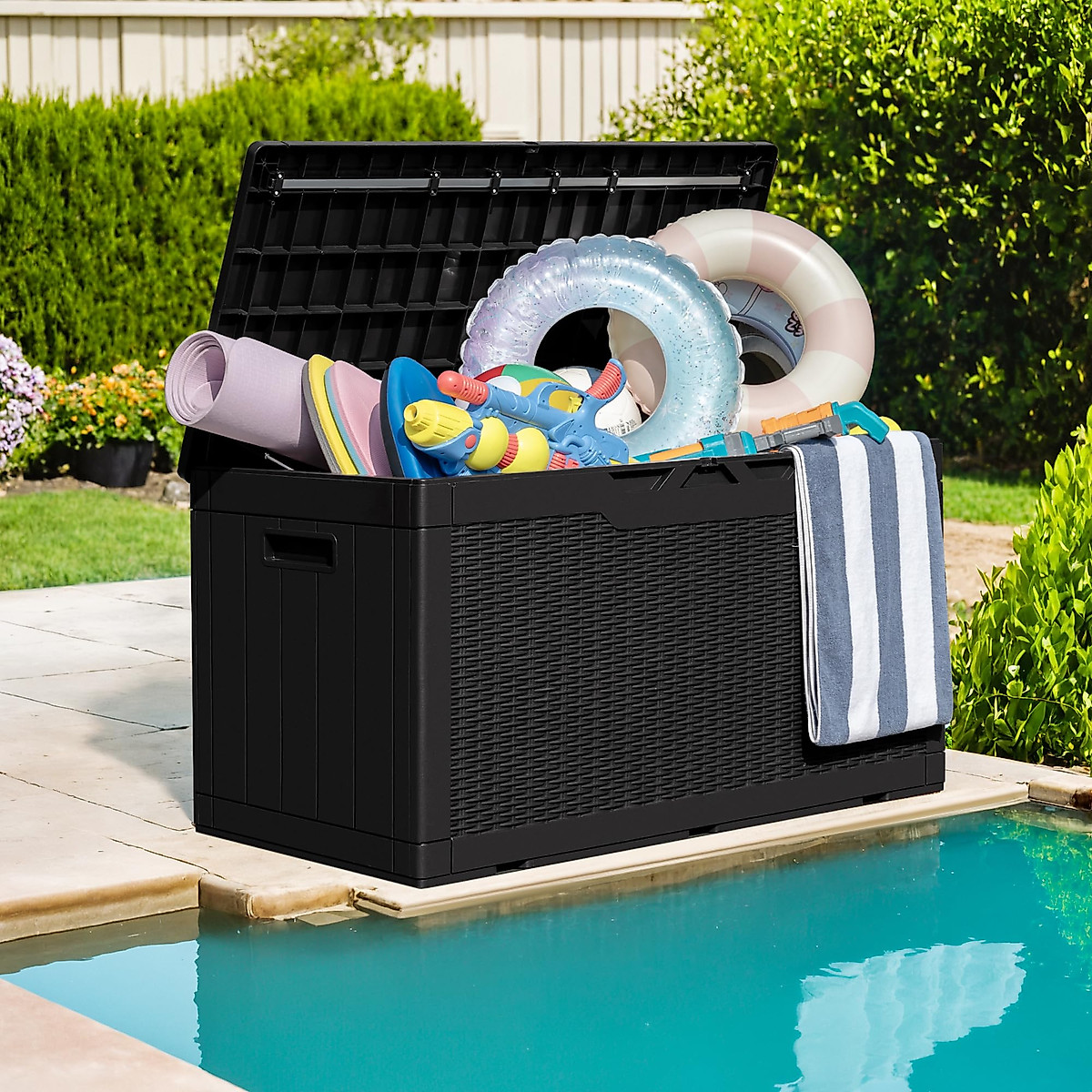 Greesum 100 Gallon Resin Deck Box Lockable Large Outdoor Storage Boxes for Garden Tools, Patio Furniture Cushions, Pool Supplies, Black