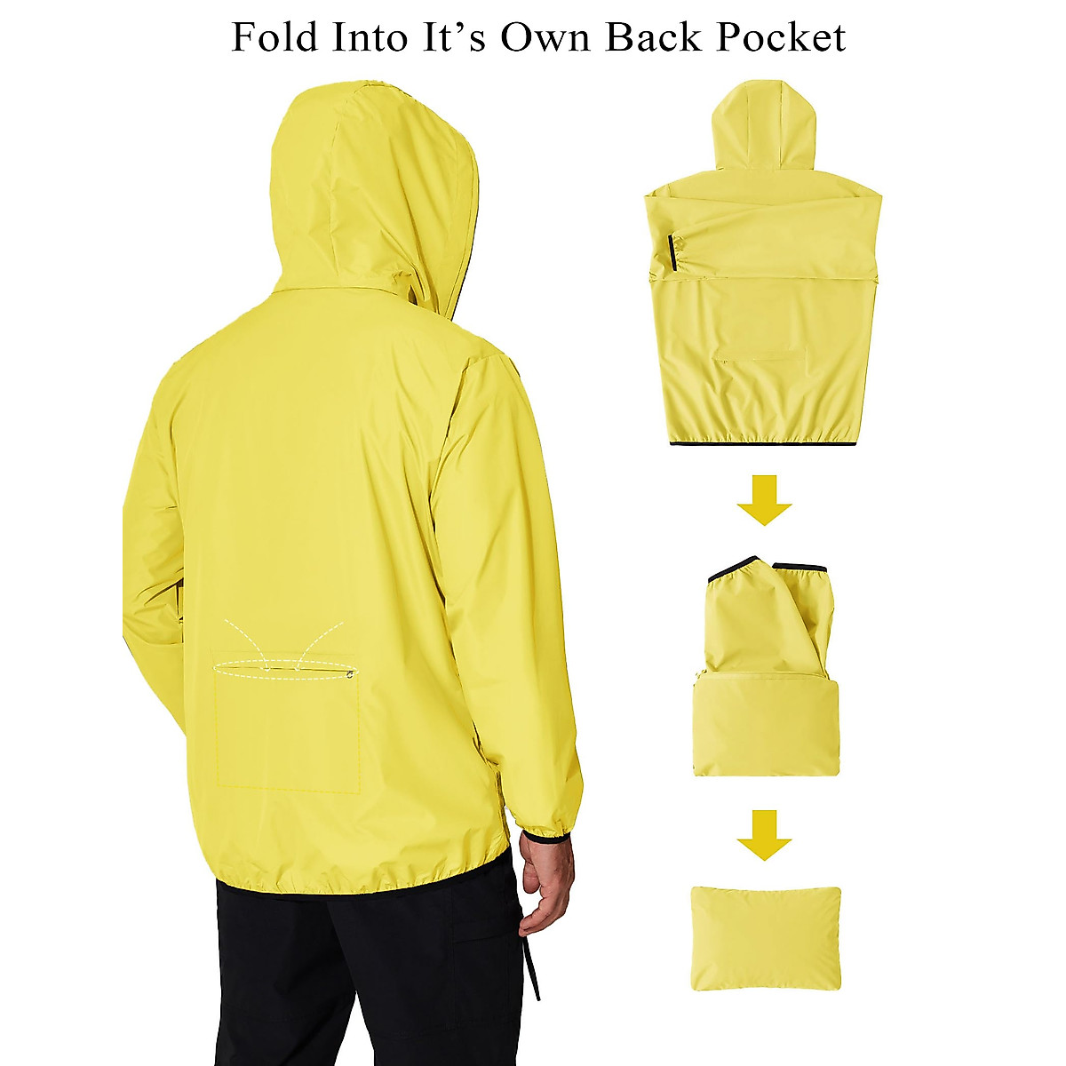 COOFANDY Men Rain Jacket Yellow Lightweight Packable Raincoat Waterproof Jogging Rain Coat with Hood Large
