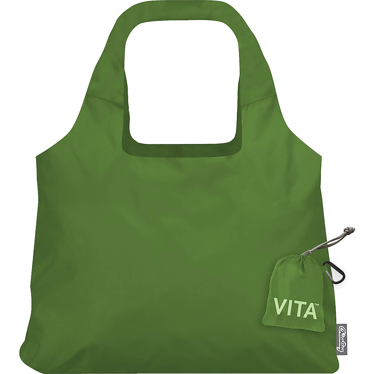 ChicoBag VITA Reusable Shopping Bag with Attached Pouch and Carabiner Clip, Compact, Designer Shoulder Tote, Pale Green