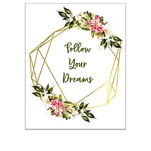 Inspirational Quotes Wall Art for Women - Strong Girls Floral Wreath Boho Print - Positive Affirmation Wall Decor for Teens - Shabby Chic Bedroom Artwork for Her - Follow Your Dreams 8x10 UNFRAMED