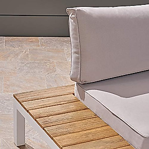 GDFStudio Leo Outdoor Aluminum and Wood V-Shaped Sofa Set with Cushions, Light Gray and White