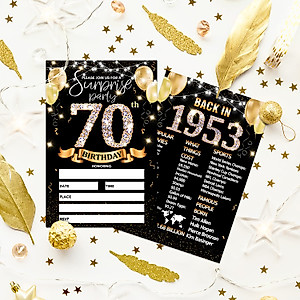 70th Birthday Party Invitation Card - Black Gold Invites with Back In 1953 Poster Printing On The Back Double-Sided Fill-in Invites - 20 Cards with Envelopes for Party Favors - sr-16