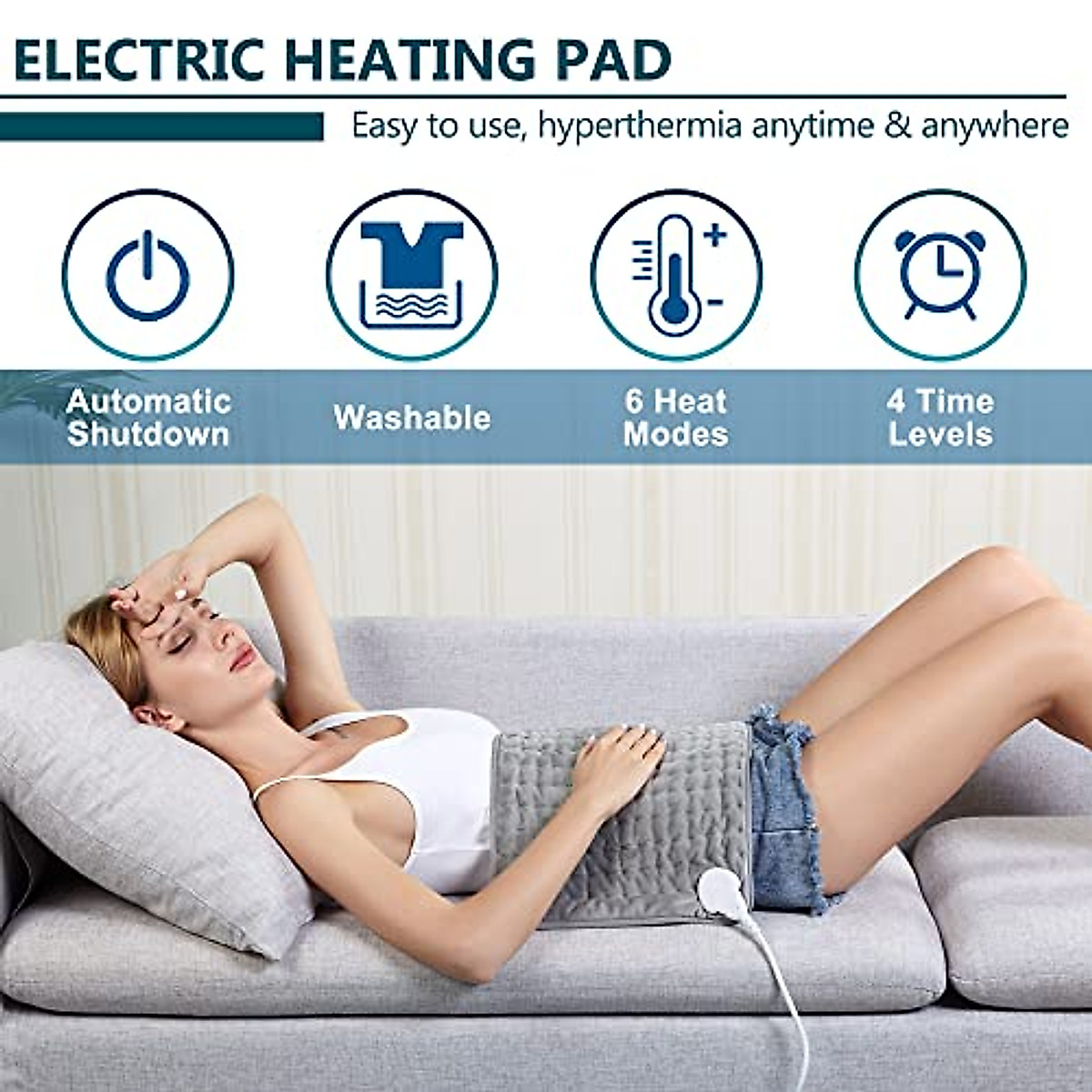 Electric Heat Pad for Back Pain and Cramps Relax - Electric Heat Pad with 6 Heat Settings (Silver Gray, 24''×12‘’)
