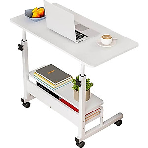 Raathionty Adjustable Home Office Desk Portable Study Computer Rolling Desk for Small Spaces Movable Sofa Side Table on Wheels Student Small Laptop Desk with Storage White Size 31x16 Inch
