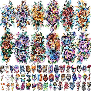 EGMBGM 63 Sheets 3D Watercolor Rose Temporary Tattoos For Women Arm Girls Adults, Water Color Peony Flower Tattoo Sticker, Bulk Temp Fake Long Lasting Tattoo Colorful Floral Moon Snake Lion Wolf Tiger