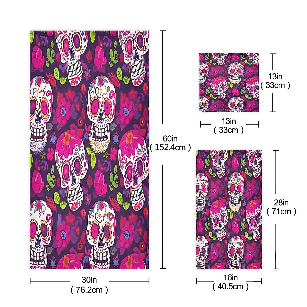 Flradish Halloween Skull Towels 3 Pack Bath Towels for Bathroom Set Soft Cotton Highly Absorbent Lightweight & Quickdry Towel Set 1 Bath Towel,1 Hand Towel,1 Washclothe