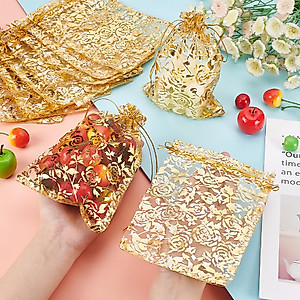 PH PandaHall 50pcs 5 x 7 Inches Golden Rose Flower Printed Organza Bags Jewelry Pouch Bags Wedding Favors Bag Organza Drawstring Pouches Wedding Favors Candy Gift Bags