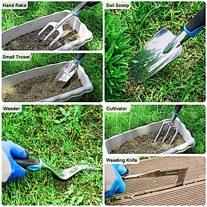 Garden Tool Set with Non Slip Rubber Grip,11 Piece Stainless Steel Gardening Tool Sets,Thickened Repotting Mat & Storage Tote Bag,Heavy Duty Outdoor Hand Tools Uprooting Weeding Tool, Ideal Gifts Blue