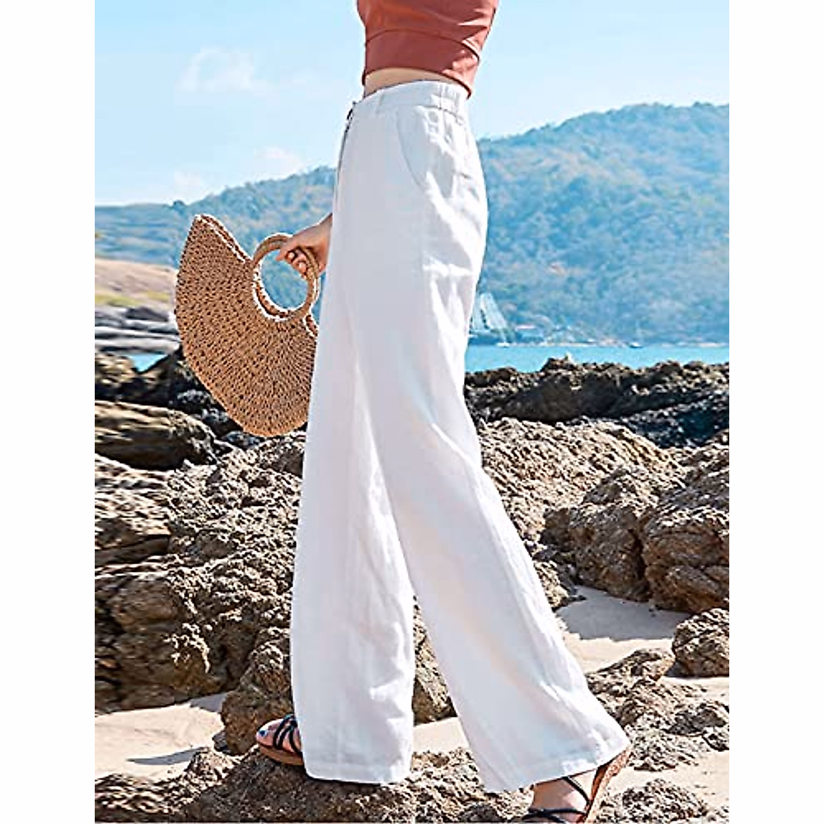 Hooever Womens Casual High Waisted Wide Leg Pants Button Up Straight Leg Trousers (White, M)