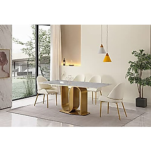 HomSof Contemporary Dining Table Set Sintered Stone Top and U Shape Pedestal Base Finish with 6 pcs Chairs, 7 Pieces, White+Gold