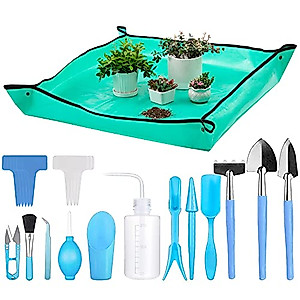 Melphoe 23Pcs Mini Garden Hand Transplanting Succulent Tools Set, 39.4" Thickened Repotting Mat & Plant Tag, Miniature Planting Indoor Fairy Care, Potting, Cactus, Houseplant Bonsai Tool Kit (Blue)