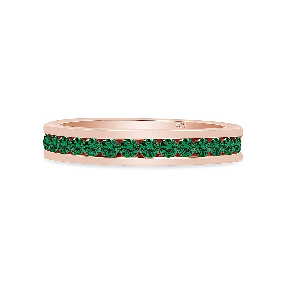 AFFY Round Shape Simulated Green Emerald Full Eternity Band Ring in 14K Rose Gold Over Sterling Silver, Ring Size: 7.5